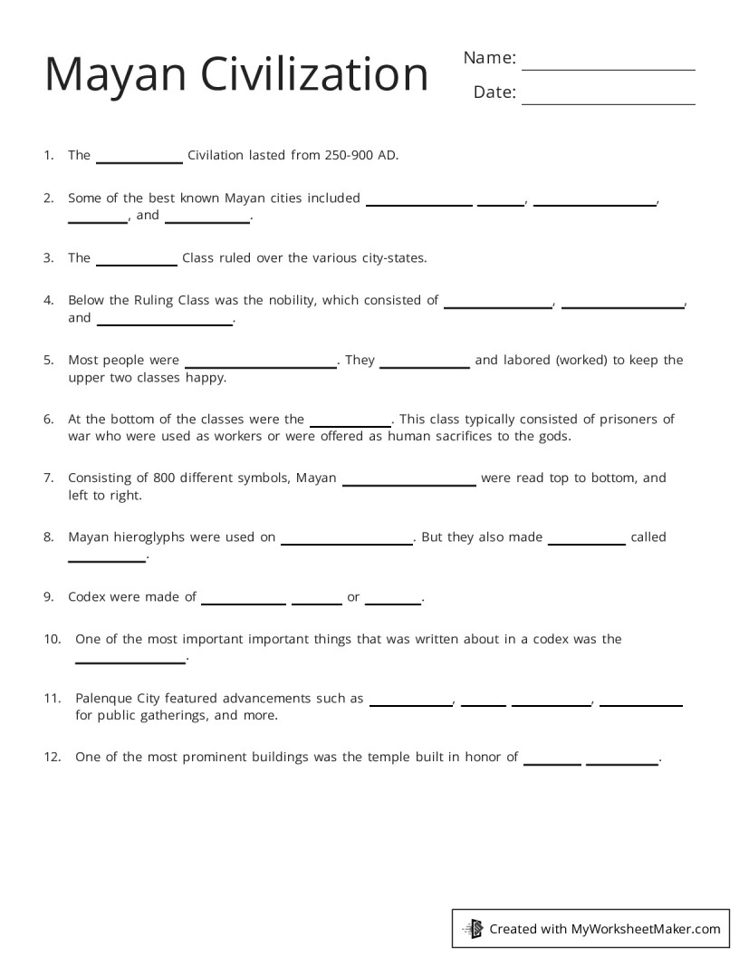 Mayan Civilization - My Worksheet Maker: Create Your Own Worksheets