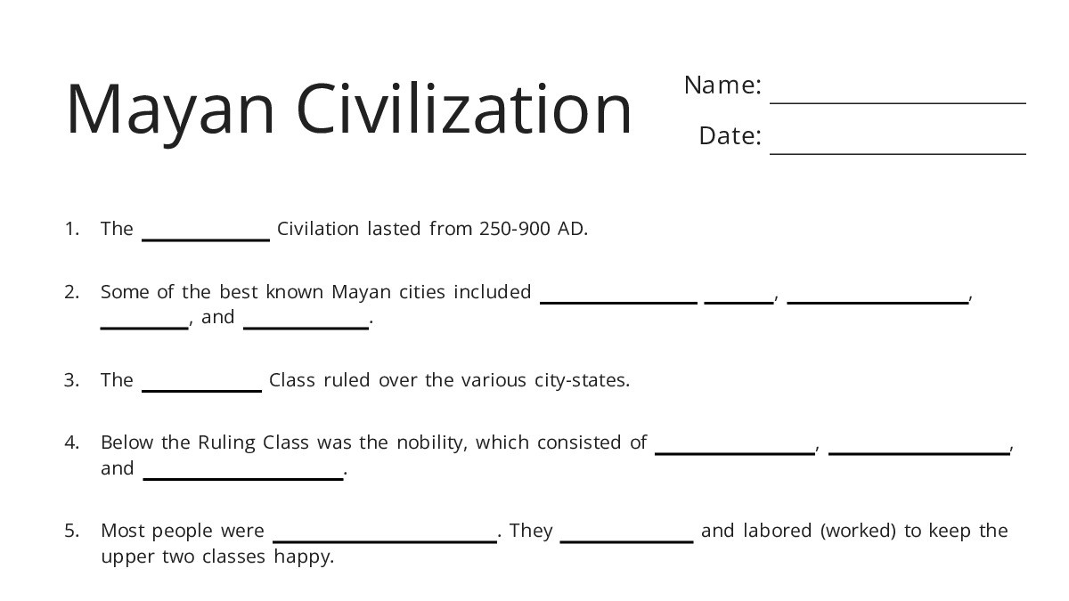 Mayan Civilization - My Worksheet Maker: Create Your Own Worksheets