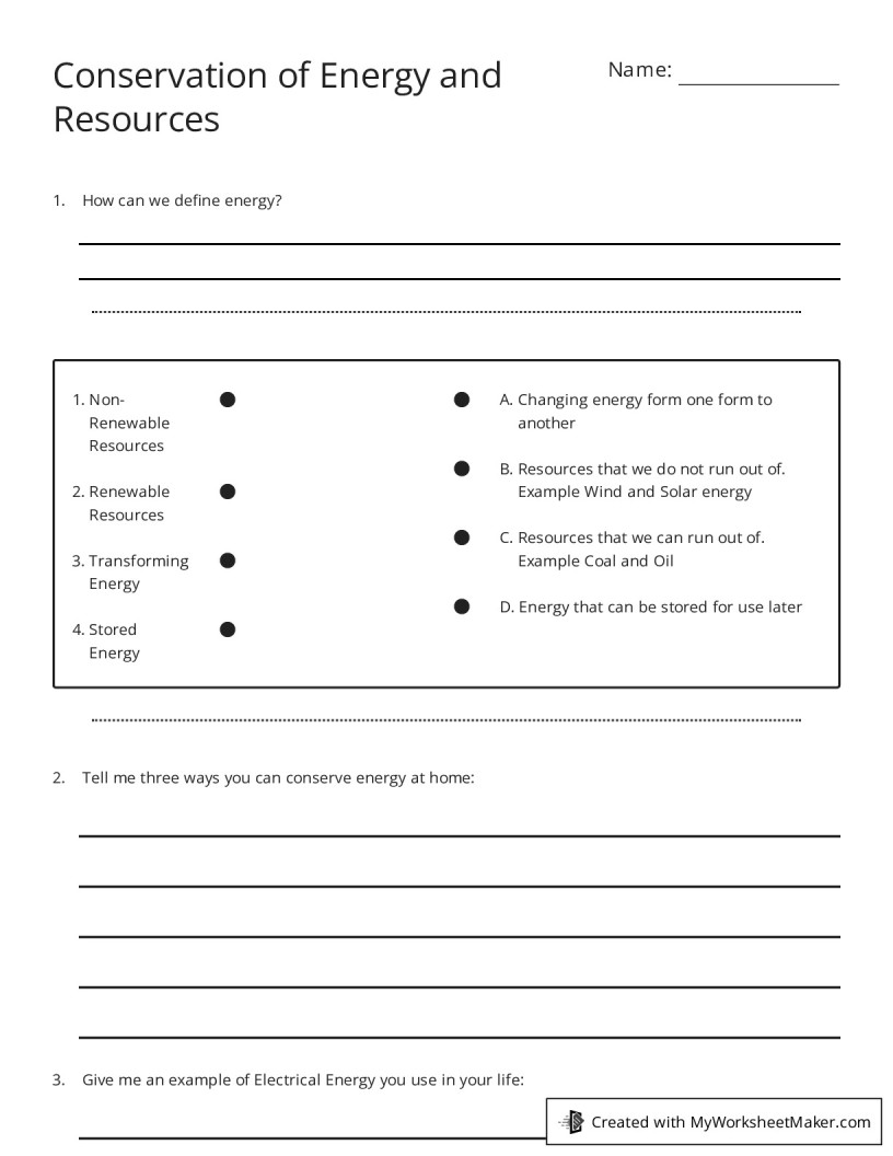 Conservation of Energy and Resources - My Worksheet Maker: Create Your ...
