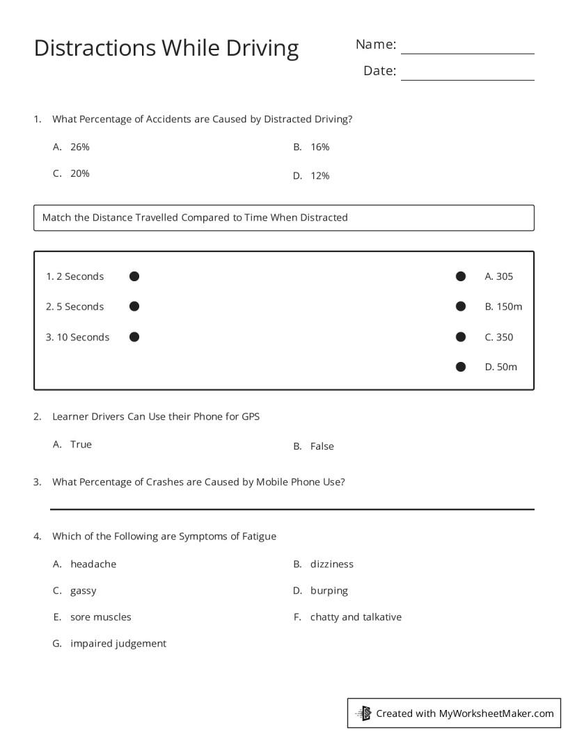 Distractions While Driving - My Worksheet Maker: Create Your Own Worksheets