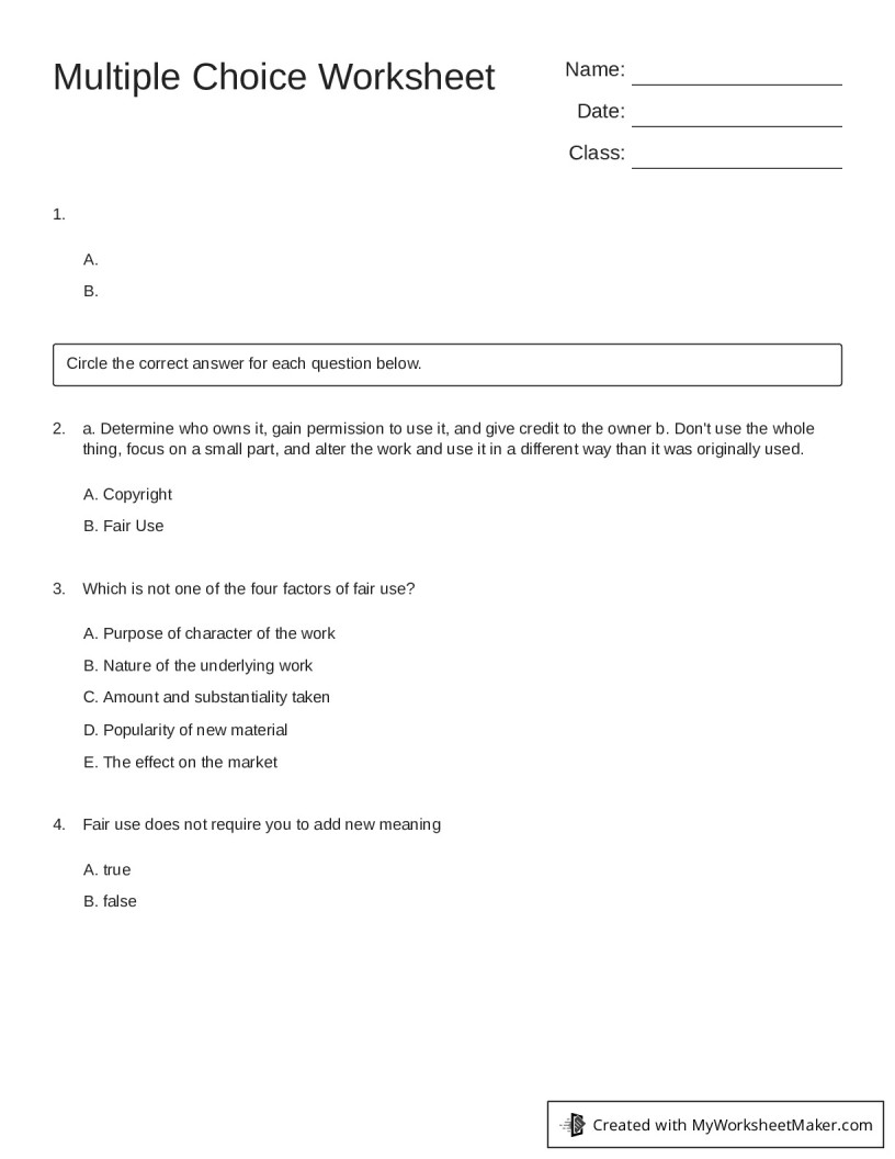 Multiple Choice Worksheet - My Worksheet Maker: Create Your Own Worksheets