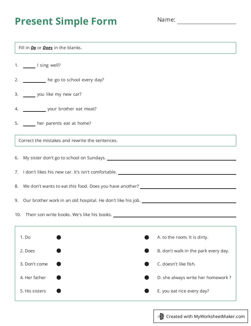Present Simple Form - My Worksheet Maker: Create Your Own Worksheets