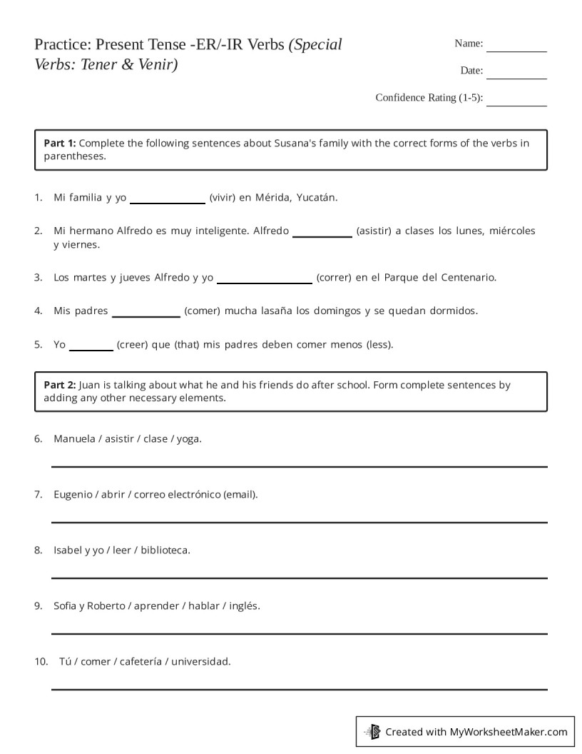 Practice: Present Tense -ER/-IR Verbs (Special Verbs: Tener & Venir ...