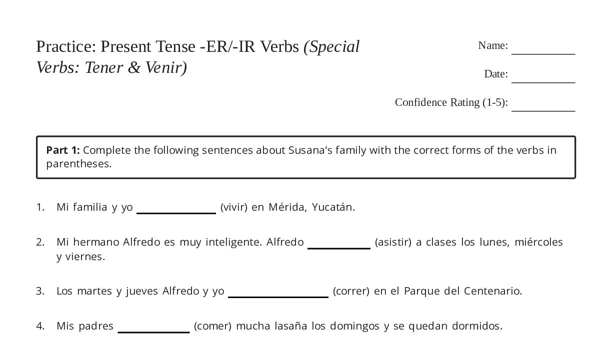 Practice: Present Tense -ER/-IR Verbs (Special Verbs: Tener & Venir ...