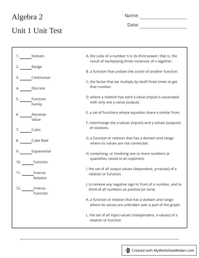 Algebra 2 Unit 1 Unit Test - My Worksheet Maker: Create Your Own Worksheets