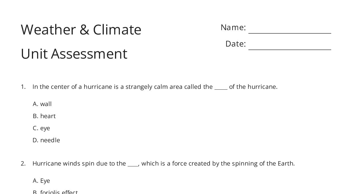 Weather & Climate Unit Assessment - My Worksheet Maker: Create Your Own ...