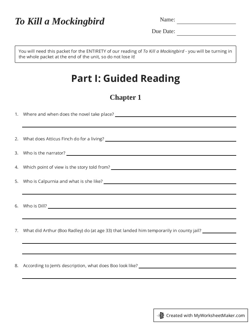 To Kill a Mockingbird - My Worksheet Maker: Create Your Own Worksheets