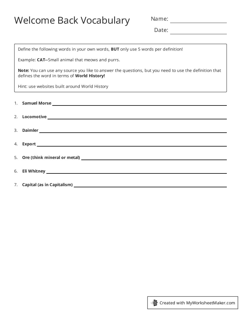 Welcome Back Vocabulary - My Worksheet Maker: Create Your Own Worksheets