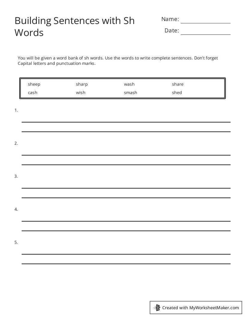 Building Sentences with Sh Words - My Worksheet Maker: Create Your Own ...