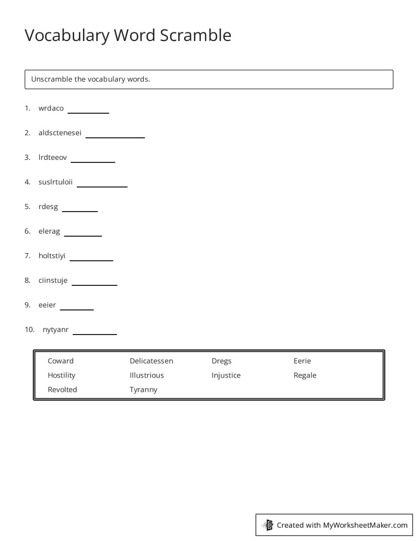 Vocabulary Word Scramble - My Worksheet Maker: Create Your Own Worksheets
