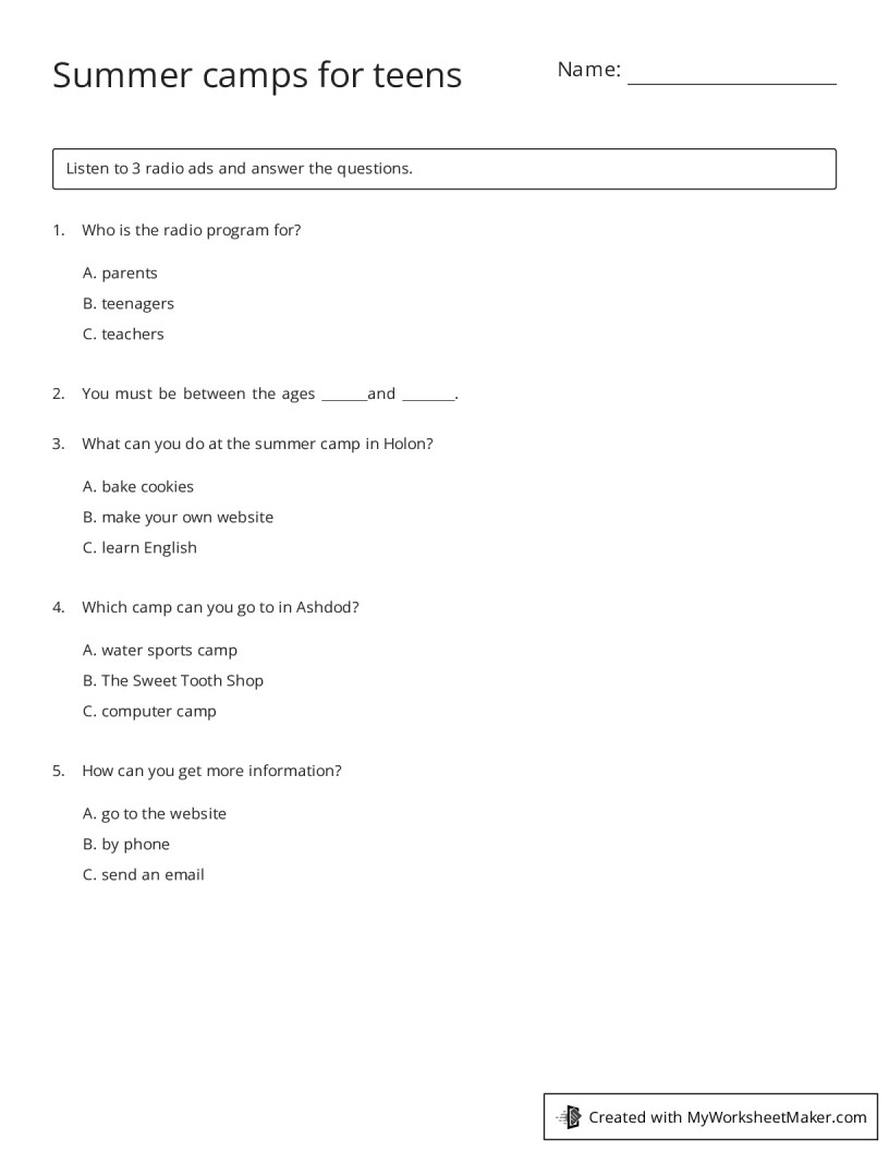 Summer camps for teens - My Worksheet Maker: Create Your Own Worksheets