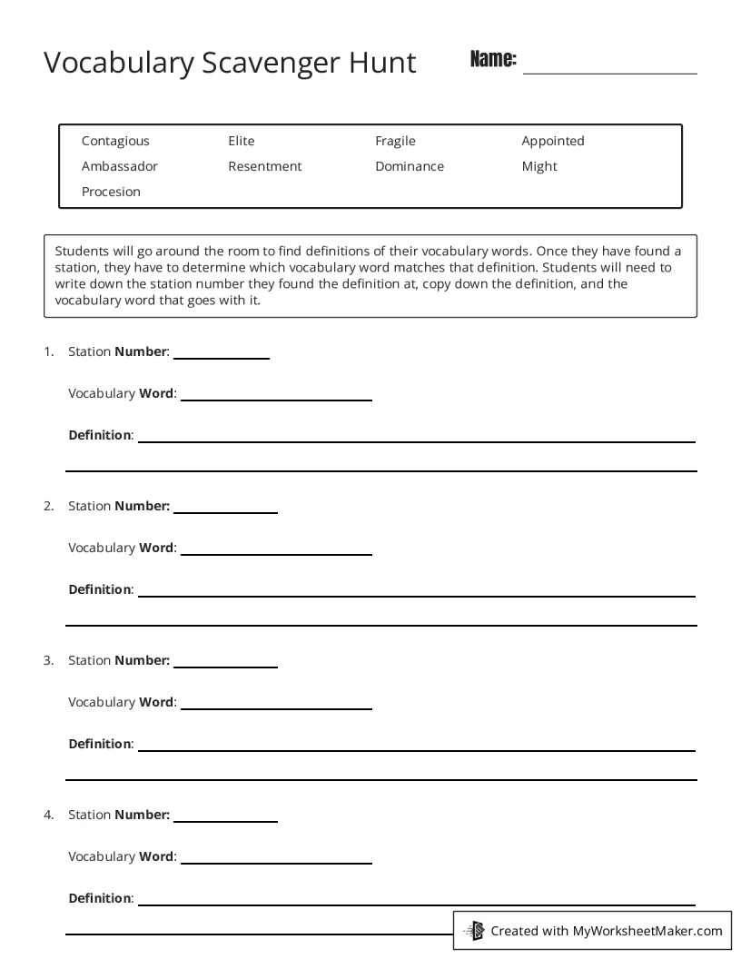 Vocabulary Scavenger Hunt - My Worksheet Maker: Create Your Own Worksheets