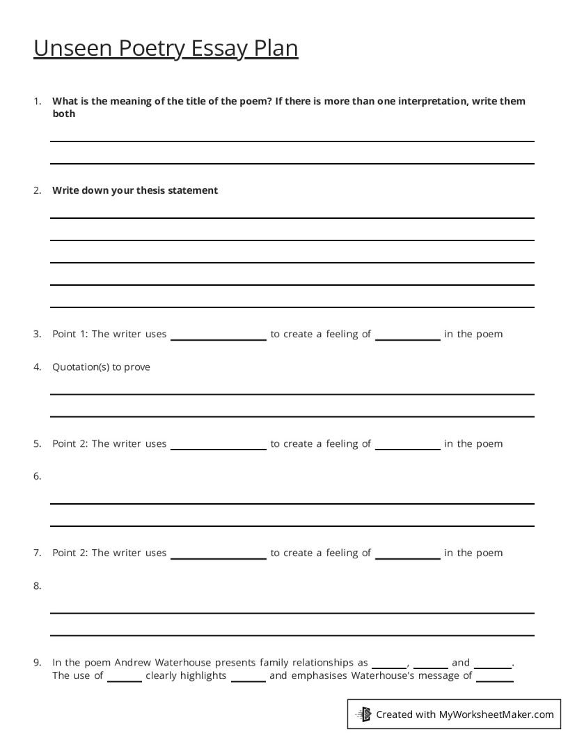 Unseen Poetry Essay Plan - My Worksheet Maker: Create Your Own Worksheets
