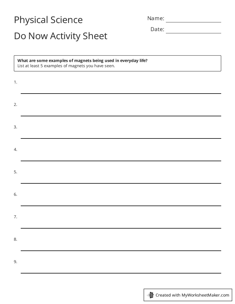 Physical ScienceDo Now Activity Sheet - My Worksheet Maker: Create Your ...