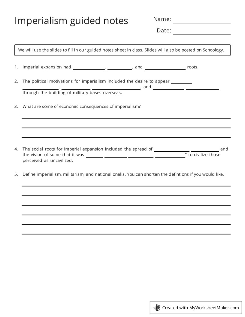 Imperialism guided notes - My Worksheet Maker: Create Your Own Worksheets