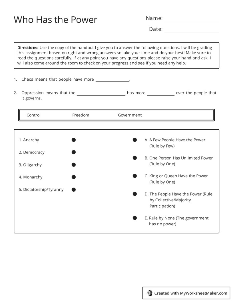 Who Has the Power - My Worksheet Maker: Create Your Own Worksheets