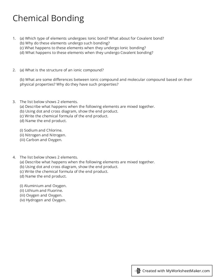 Chemical Bonding - My Worksheet Maker: Create Your Own Worksheets