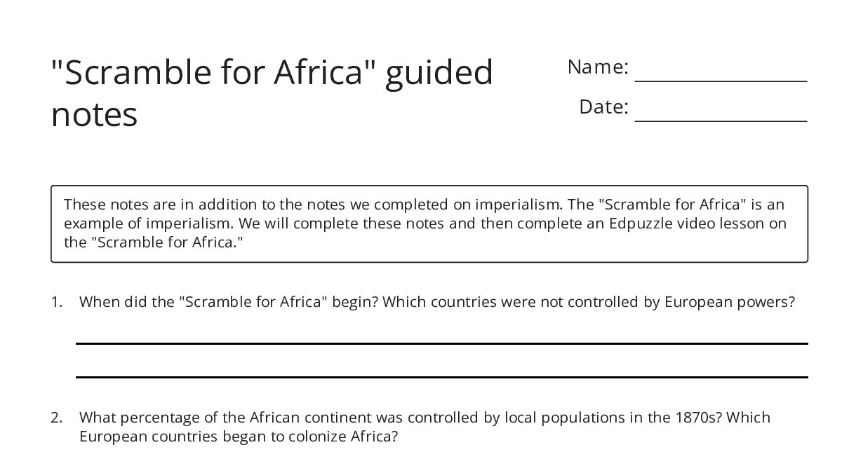 "Scramble for Africa" guided notes - My Worksheet Maker: Create Your ...