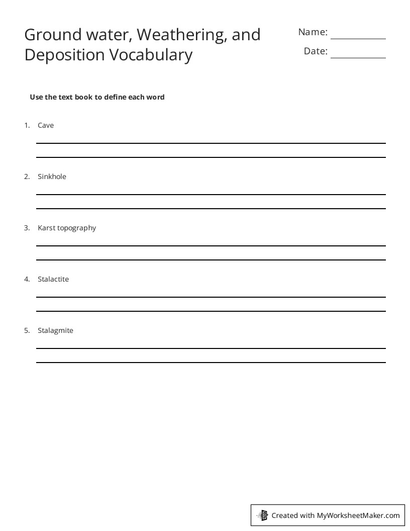 Ground water, Weathering, and Deposition Vocabulary - My Worksheet ...