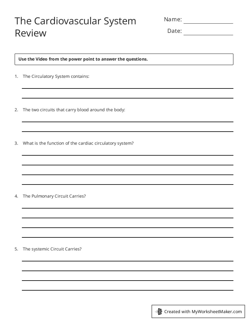 The Cardiovascular System Review - My Worksheet Maker: Create Your Own ...