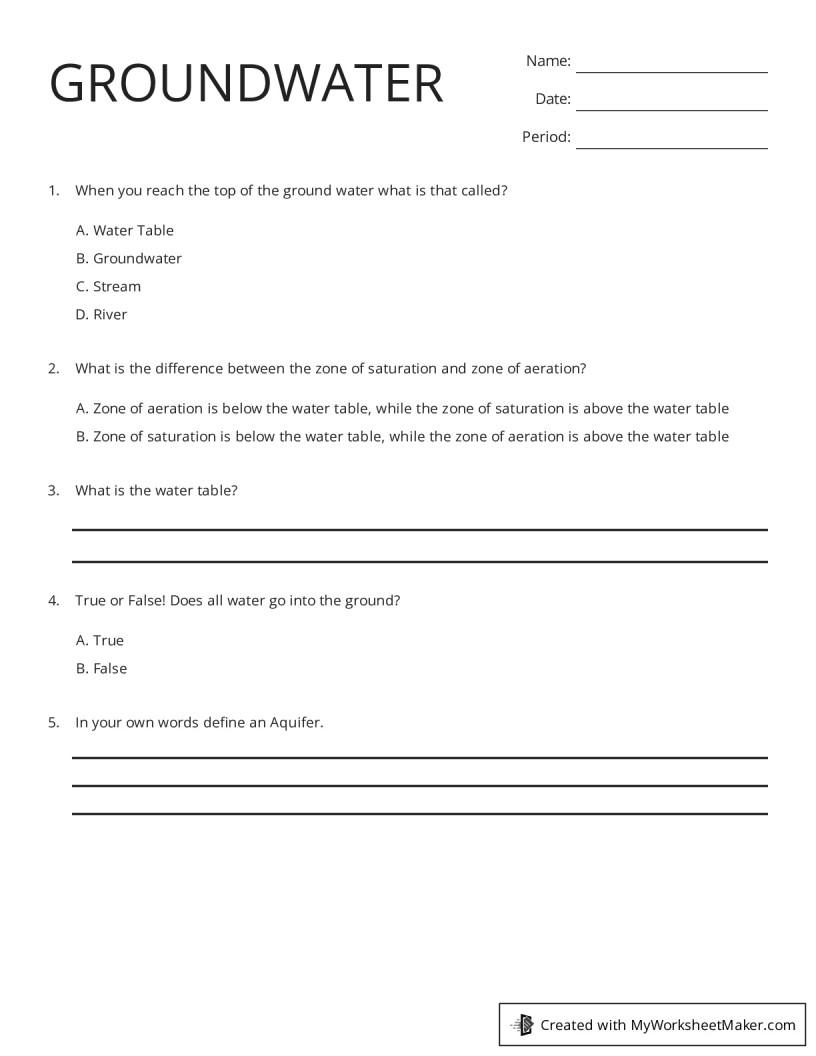 GROUNDWATER - My Worksheet Maker: Create Your Own Worksheets