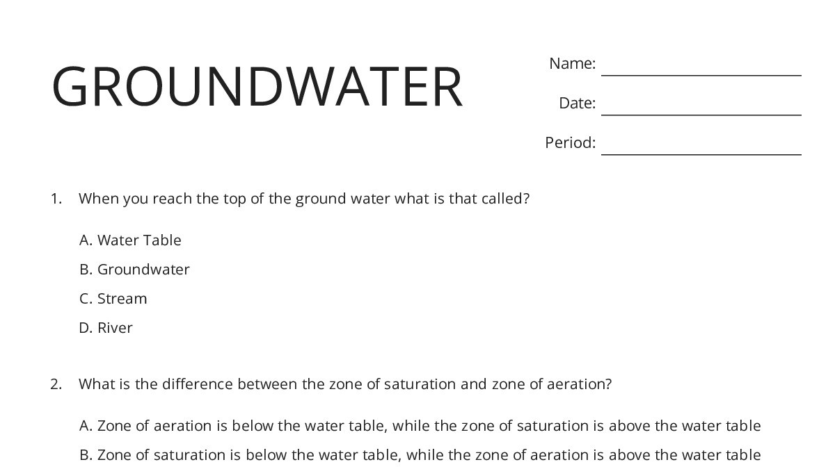 GROUNDWATER - My Worksheet Maker: Create Your Own Worksheets