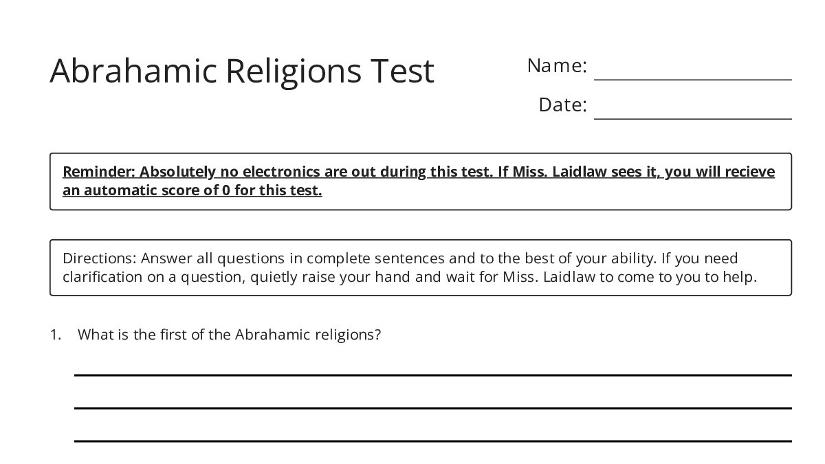 Abrahamic Religions Test - My Worksheet Maker: Create Your Own Worksheets