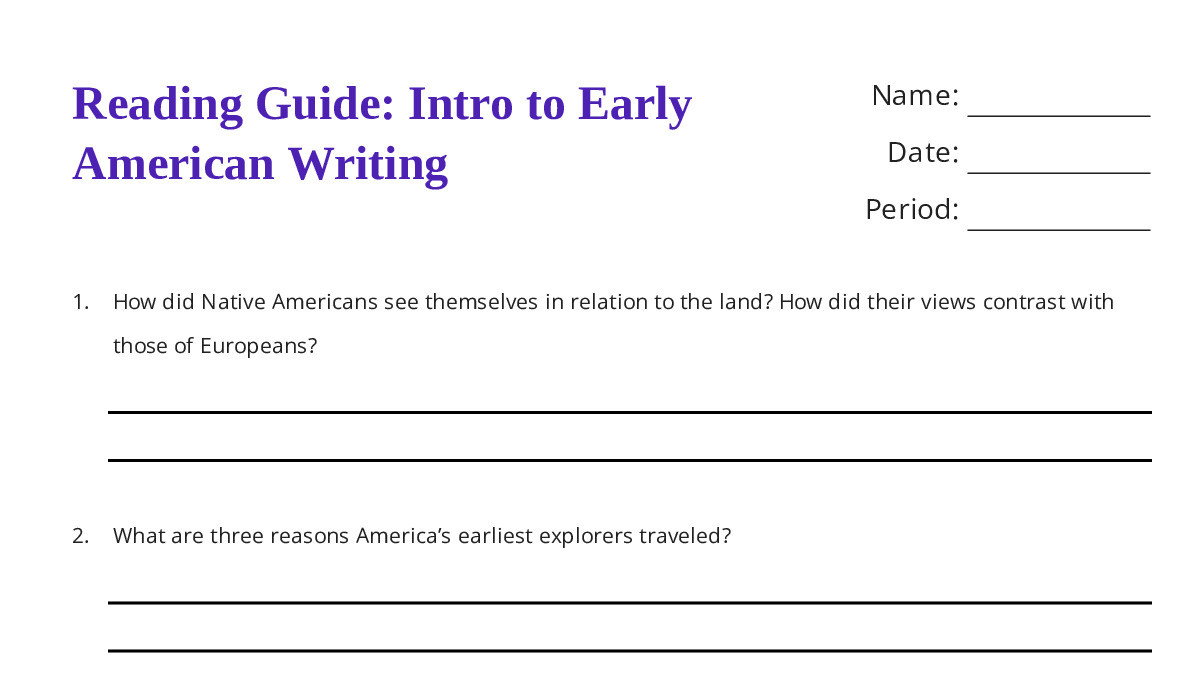 Reading Guide: Intro to Early American Writing - My Worksheet Maker ...