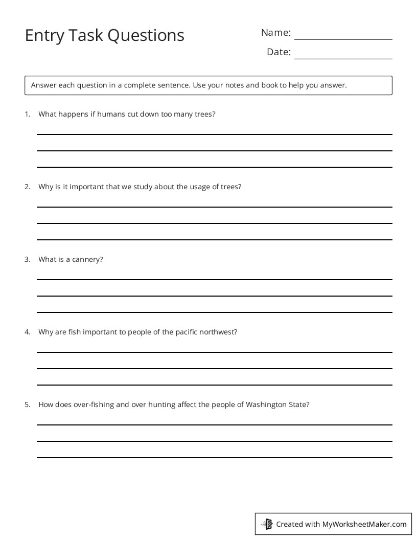 Entry Task Questions - My Worksheet Maker: Create Your Own Worksheets
