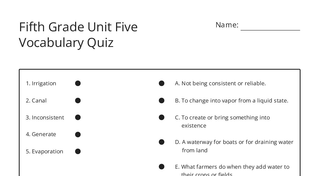Fifth Grade Unit Five Vocabulary Quiz - My Worksheet Maker: Create Your ...