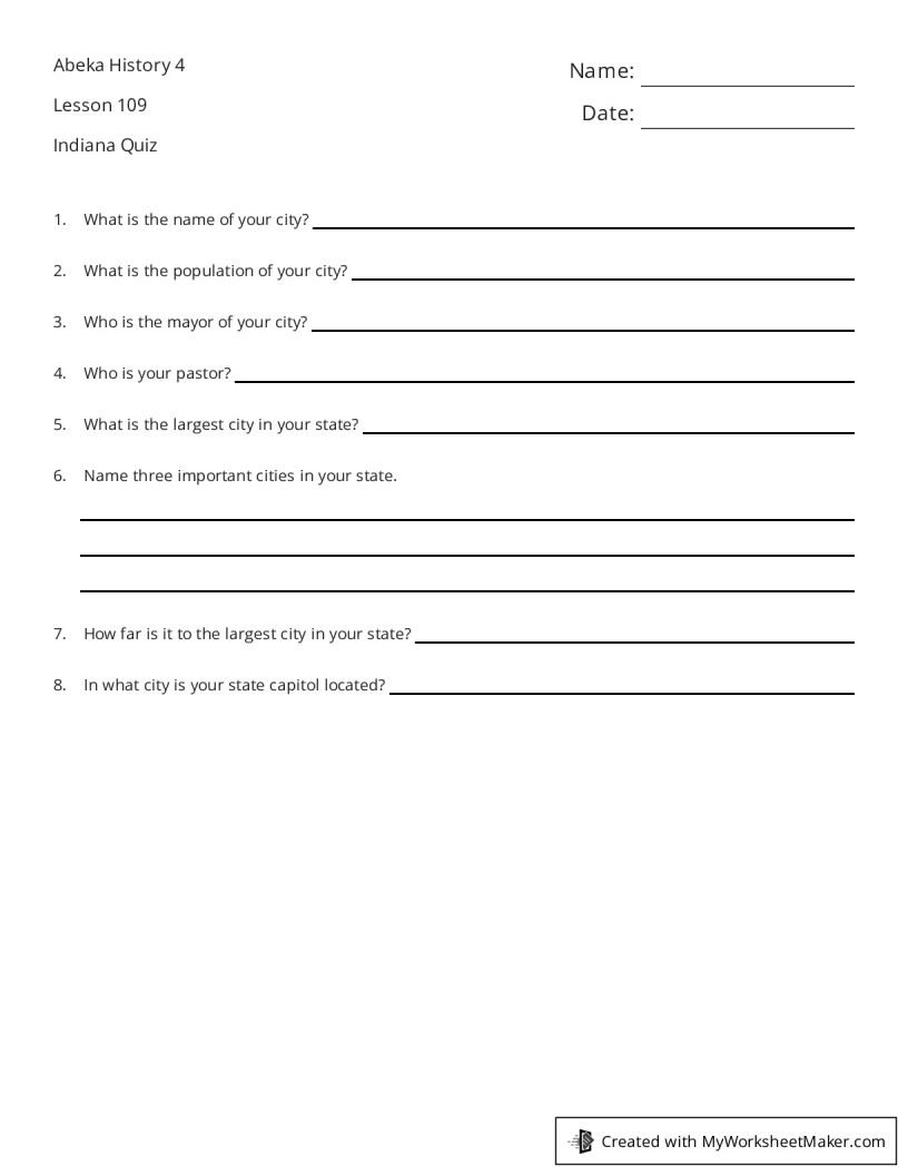 Abeka History 4 Lesson 109 Indiana Quiz - My Worksheet Maker: Create ...