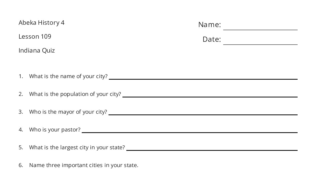 Abeka History 4 Lesson 109 Indiana Quiz - My Worksheet Maker: Create ...