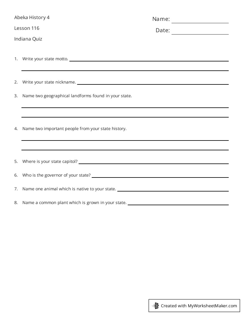Abeka History 4 Lesson 116 Indiana Quiz - My Worksheet Maker: Create ...