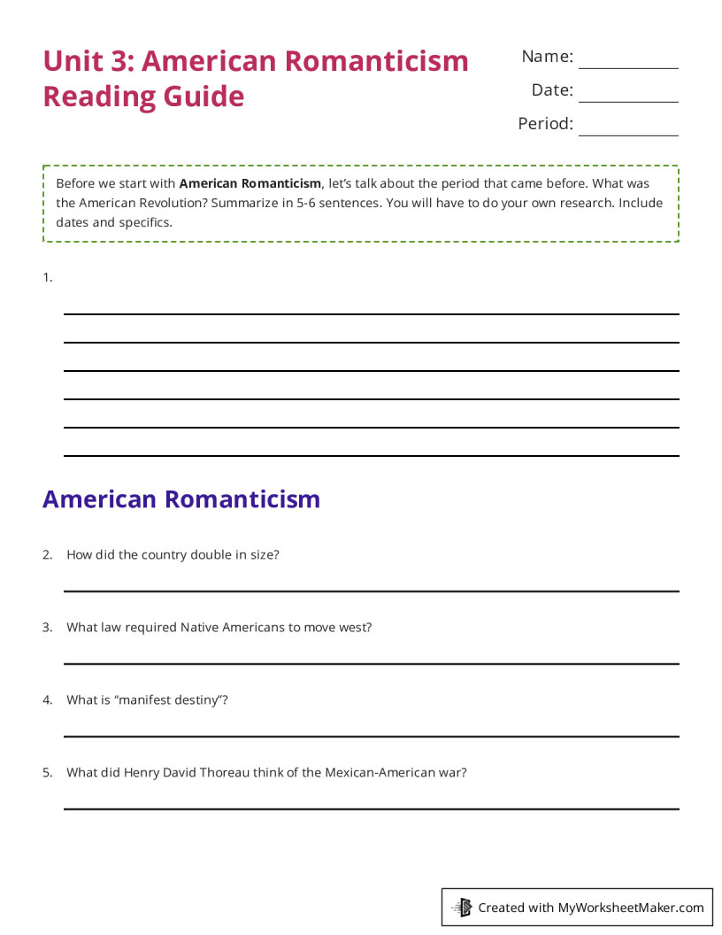 Unit 3: American Romanticism Reading Guide - My Worksheet Maker: Create ...