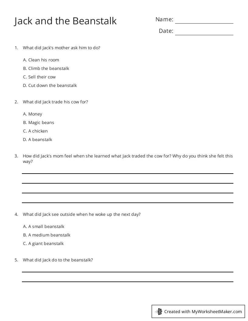 Jack and the Beanstalk - My Worksheet Maker: Create Your Own Worksheets
