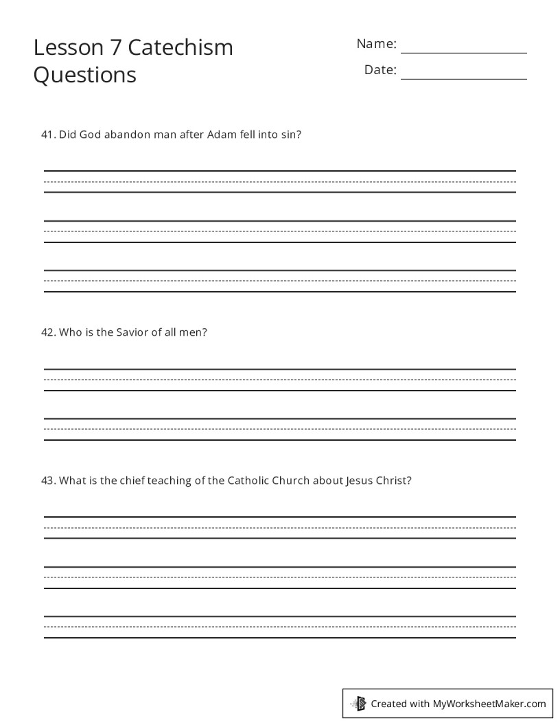 Lesson 7 Catechism Questions - My Worksheet Maker: Create Your Own ...