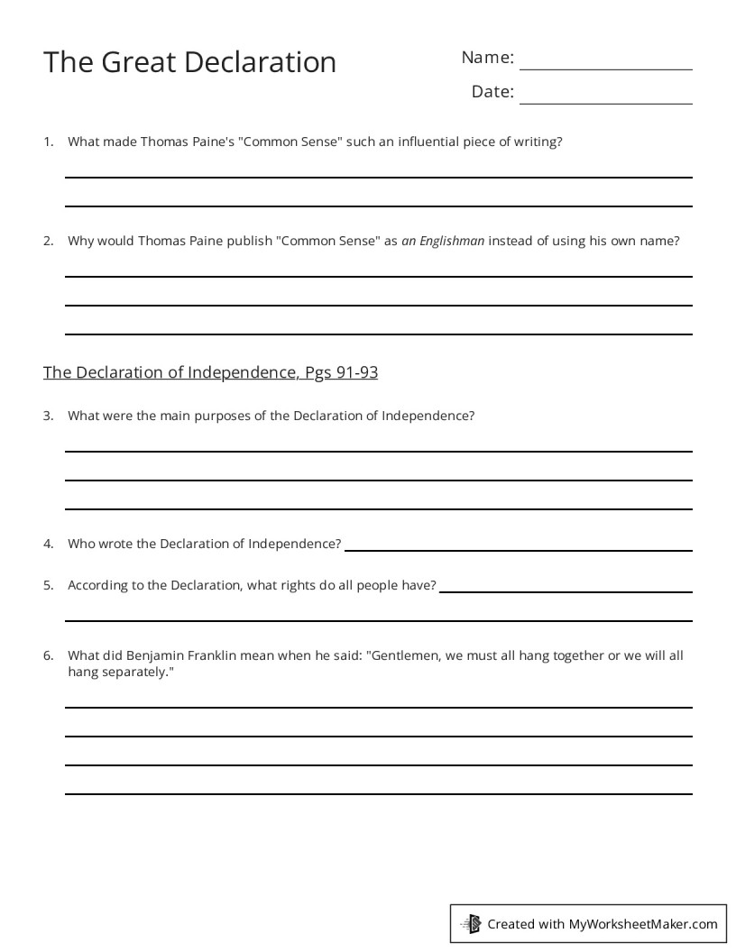 The Great Declaration - My Worksheet Maker: Create Your Own Worksheets