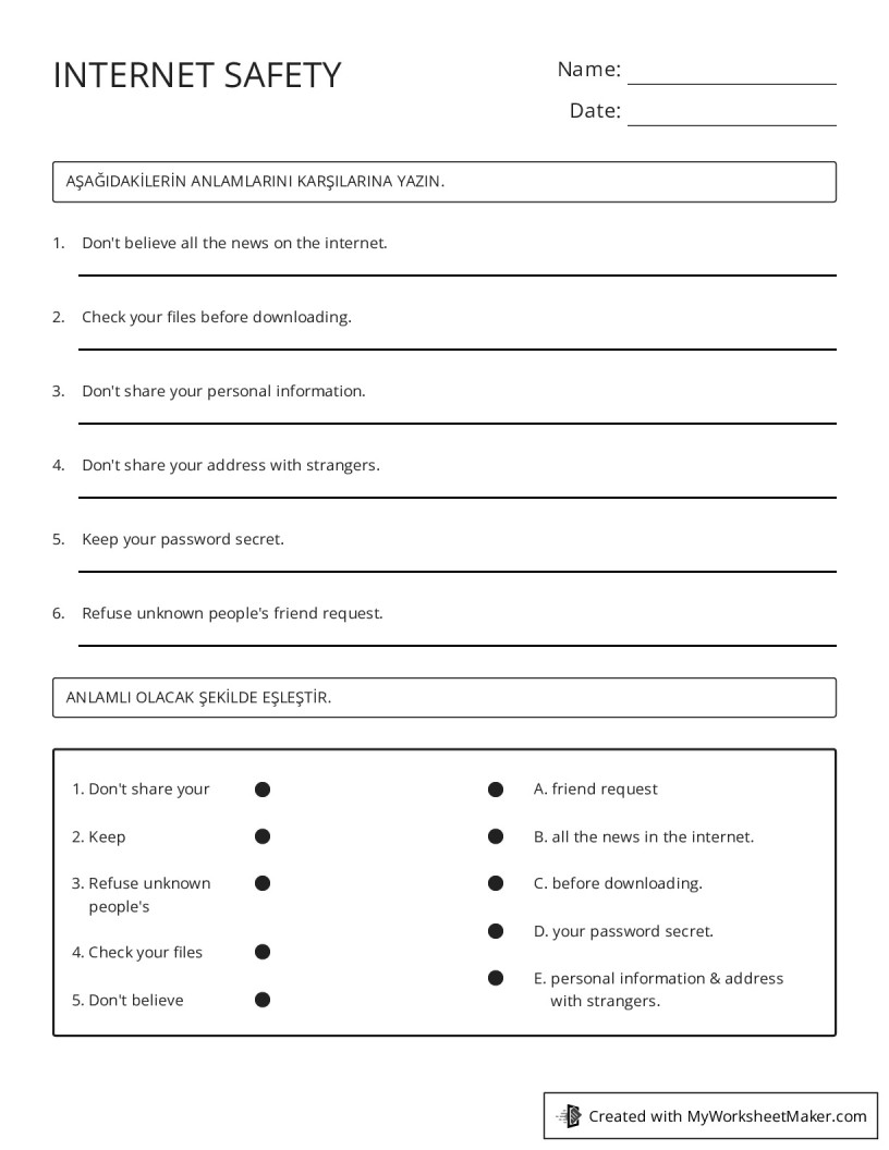 INTERNET SAFETY - My Worksheet Maker: Create Your Own Worksheets
