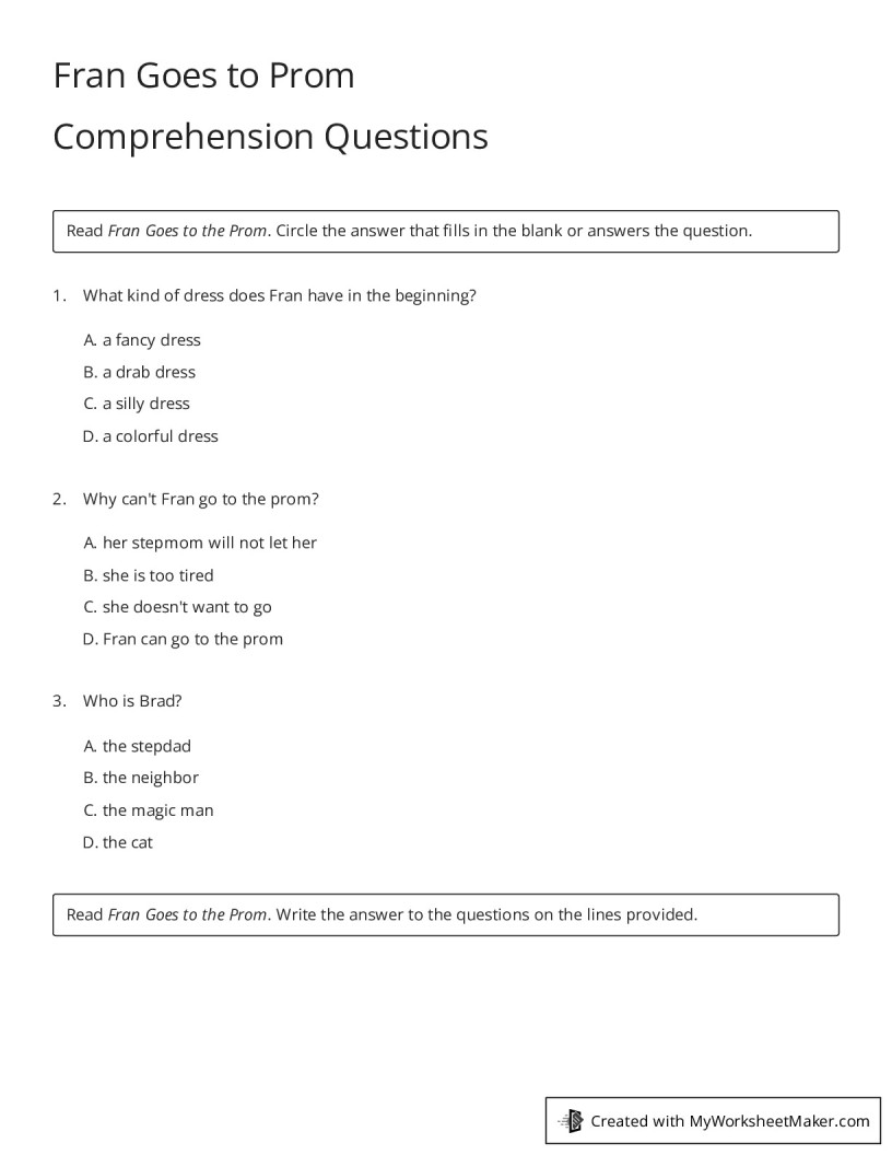 Fran Goes to PromComprehension Questions - My Worksheet Maker: Create ...