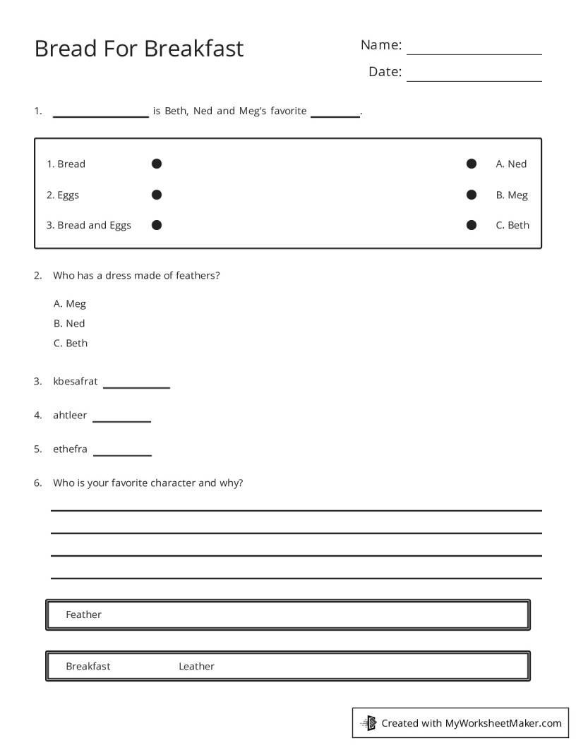 Bread For Breakfast - My Worksheet Maker: Create Your Own Worksheets