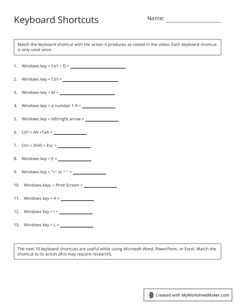 Keyboard Shortcuts - My Worksheet Maker: Create Your Own Worksheets