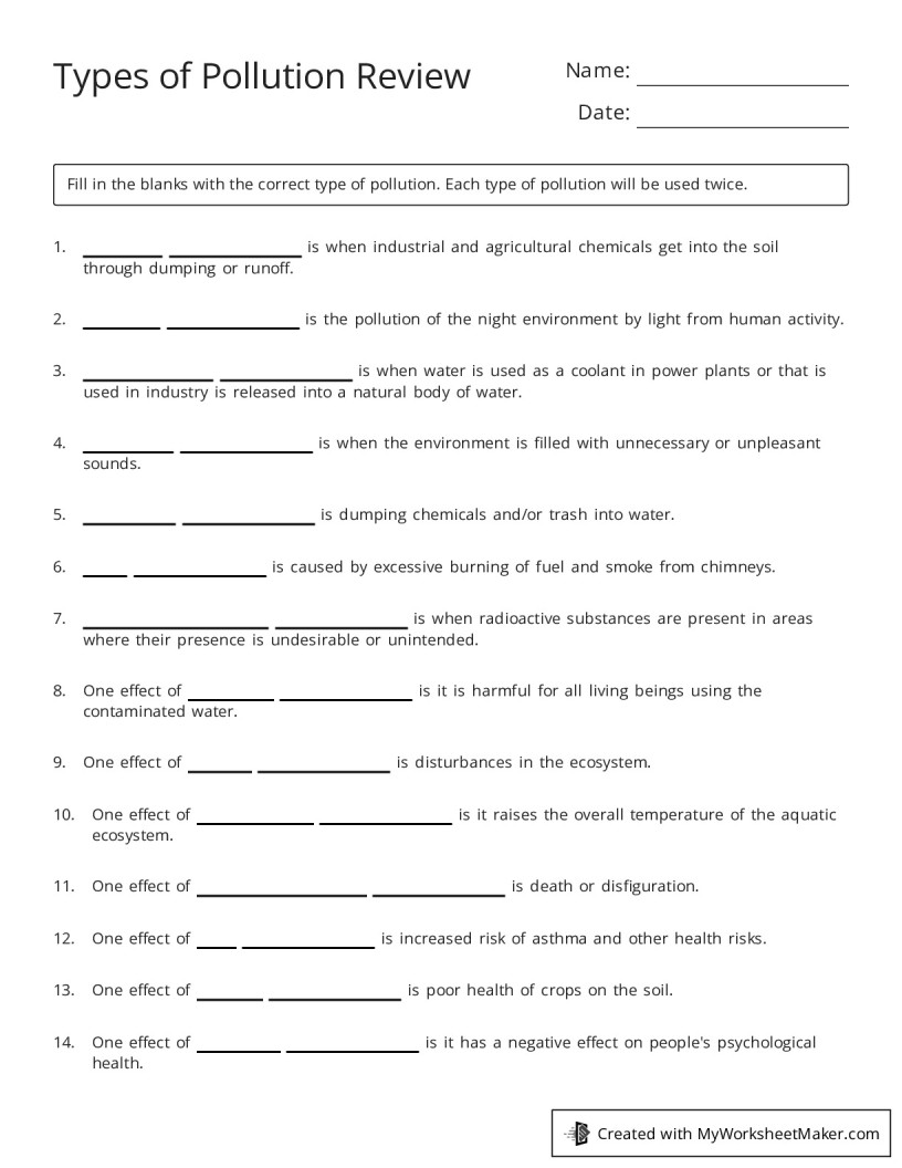 Types of Pollution Review - My Worksheet Maker: Create Your Own Worksheets