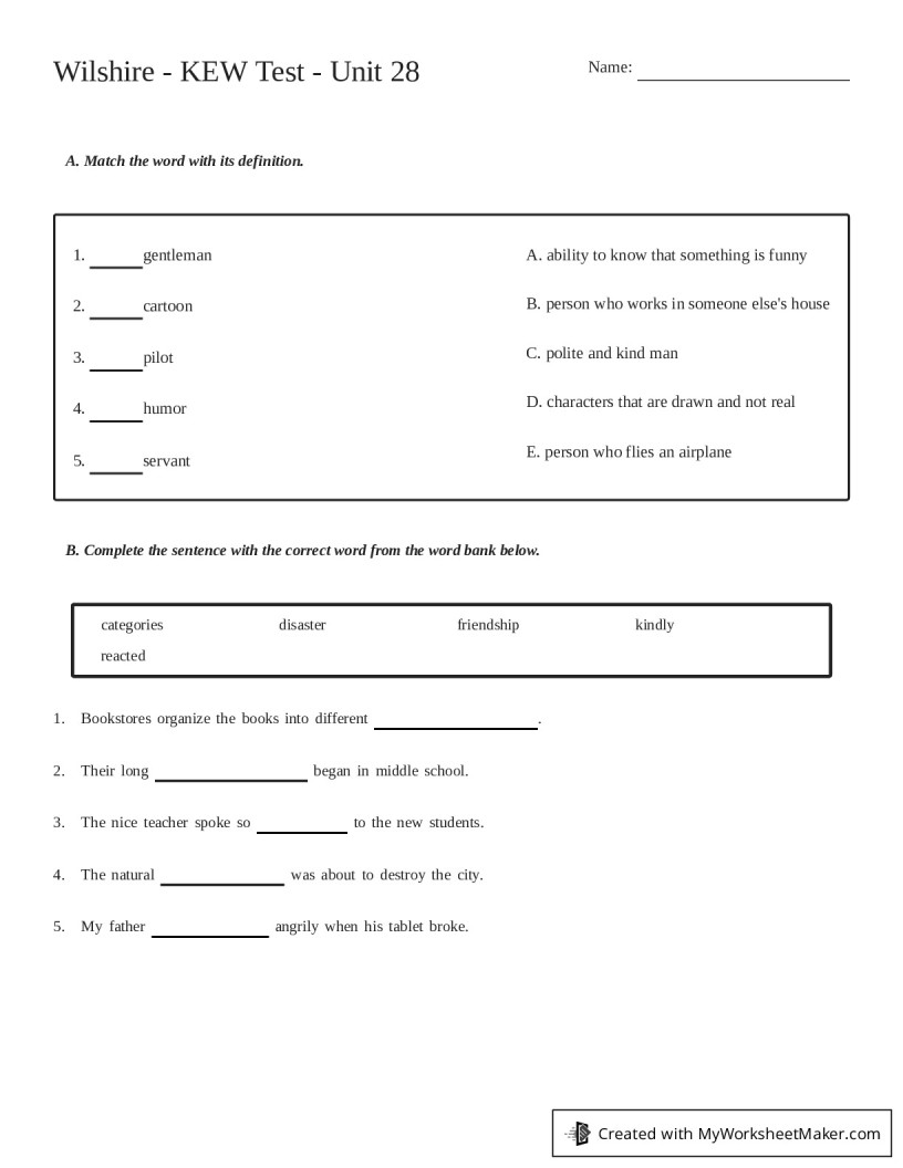 Wilshire - KEW Test - Unit 28 - My Worksheet Maker: Create Your Own ...