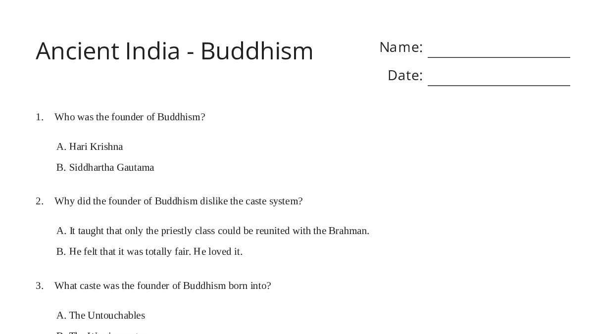Ancient India - Buddhism - My Worksheet Maker: Create Your Own Worksheets