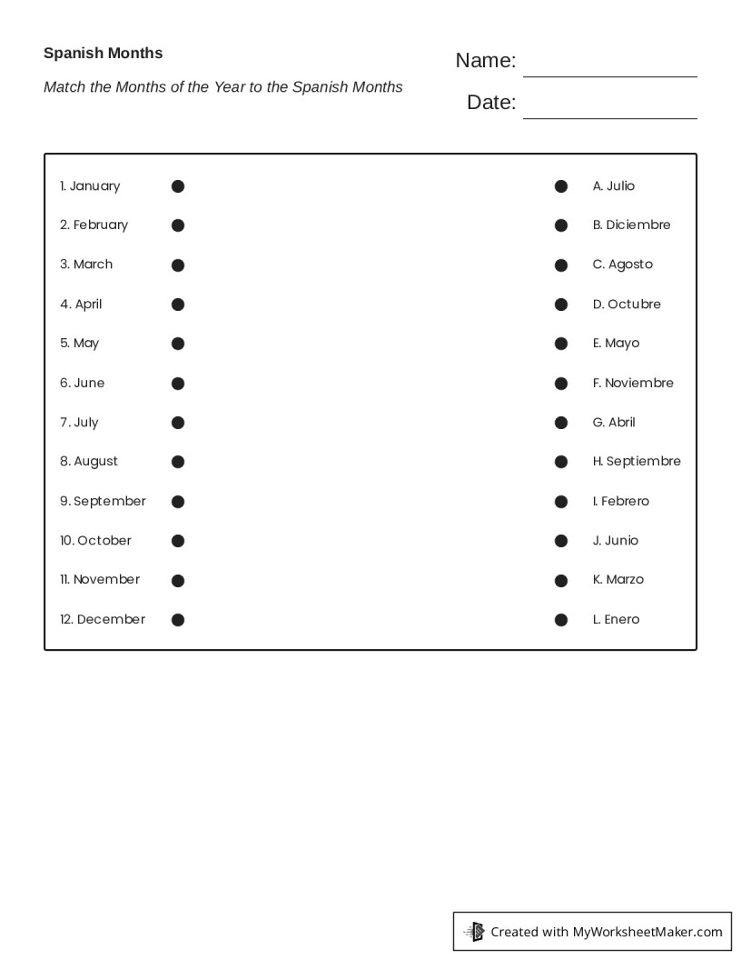 Spanish Months Match the Months of the Year to the Spanish Months - My ...