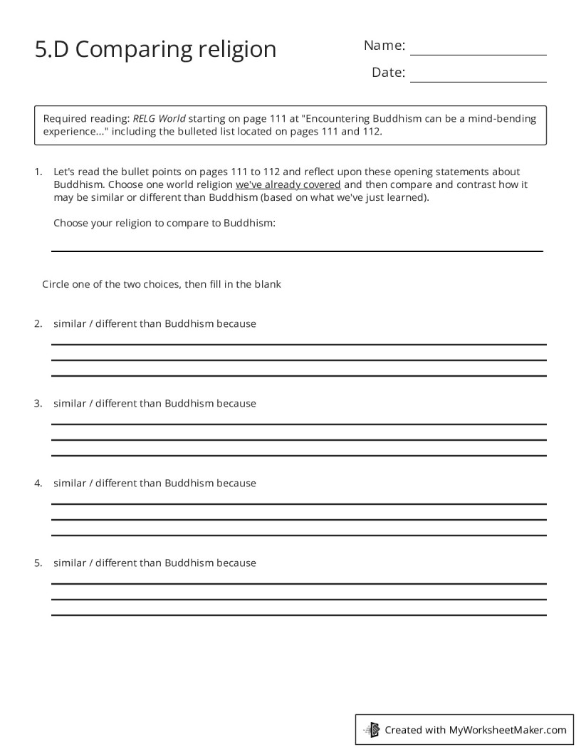 5.D Comparing religion - My Worksheet Maker: Create Your Own Worksheets