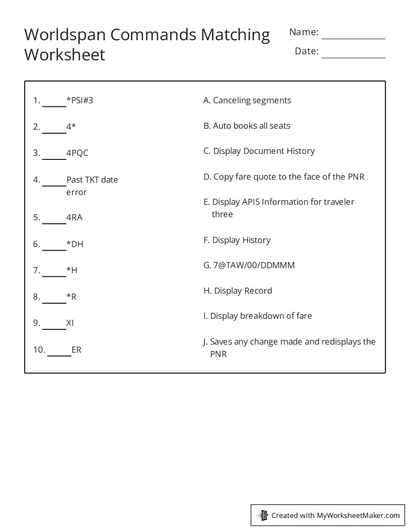 Worldspan Commands Matching Worksheet - My Worksheet Maker: Create Your ...
