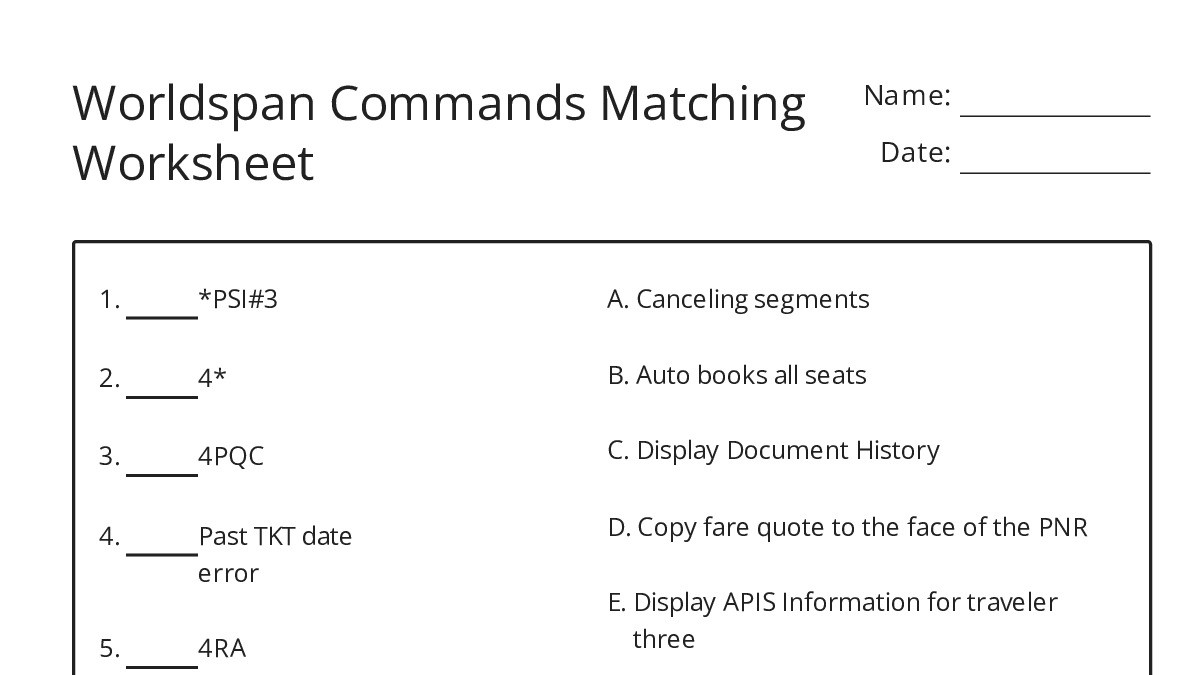 Worldspan Commands Matching Worksheet - My Worksheet Maker: Create Your ...