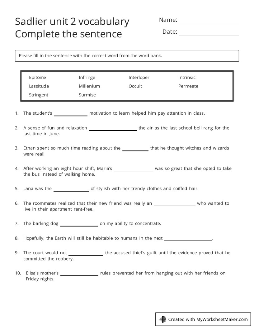 Sadlier unit 2 vocabularyComplete the sentence - My Worksheet Maker ...