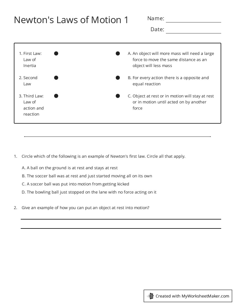 Newton's Laws of Motion 1 - My Worksheet Maker: Create Your Own Worksheets